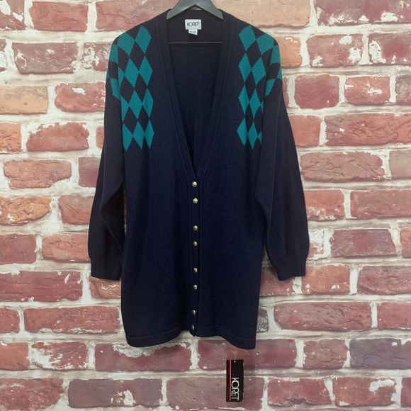 Koret | Sweaters | Vintage Koret Womens Navy Blue Turquoise Argyle Tunic Cardigan Sweater | Poshmark
